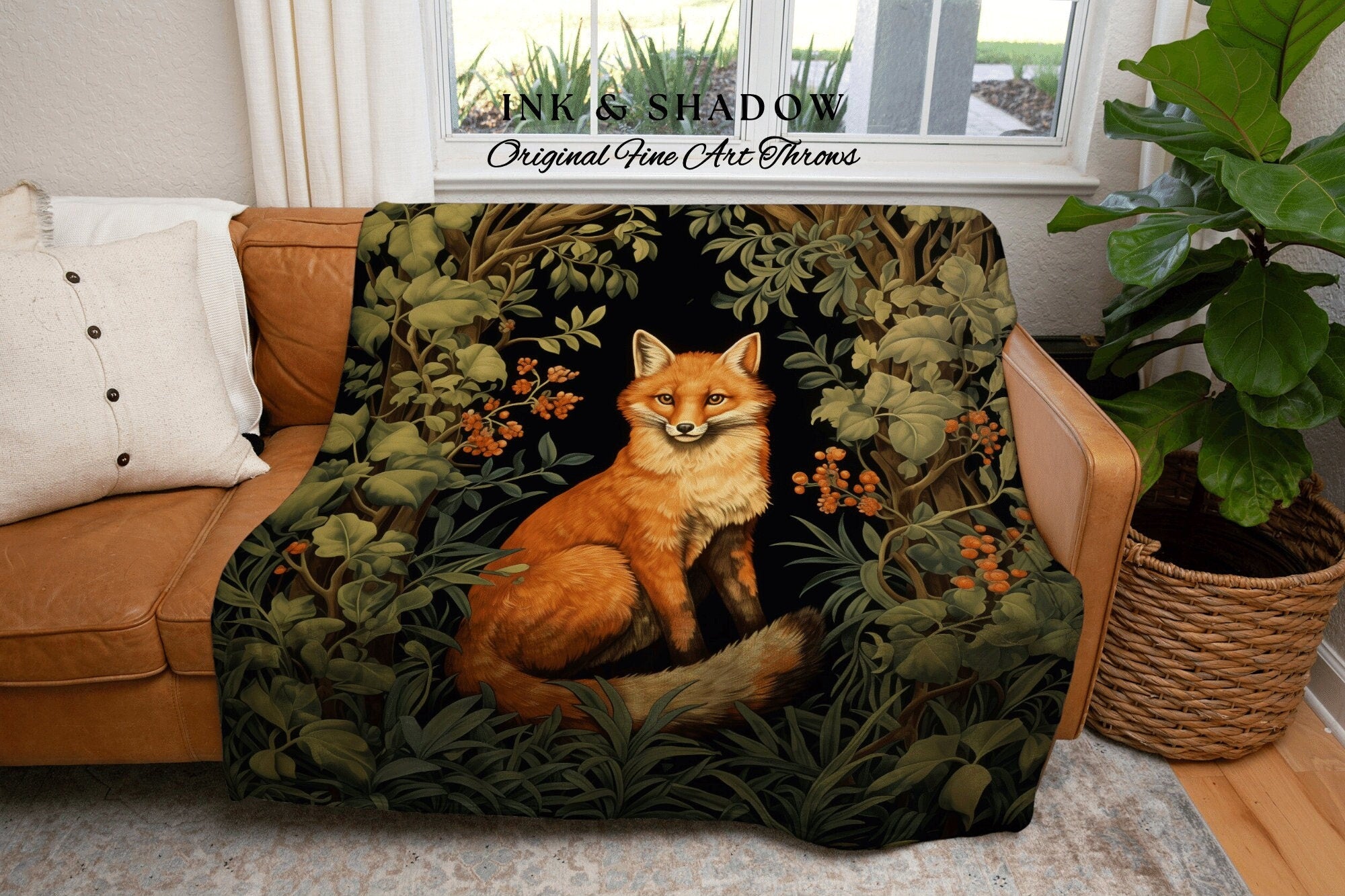 Botanical Gothic Fox Tapestry | Woodland Folk Art Blanket Woven ...